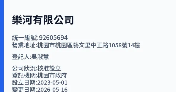 樂河有限公司的照片-統編 92605694(桃園市) 公司登記資料與營業項目詳細圖表