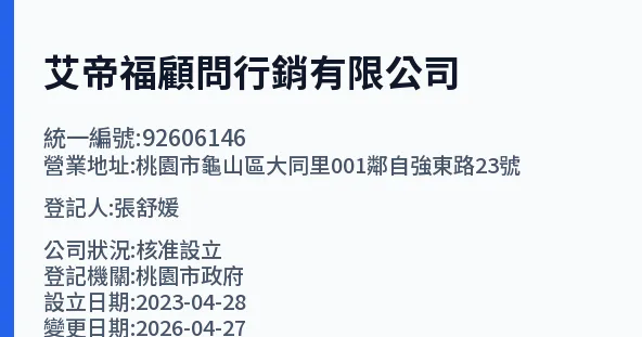 艾帝福顧問行銷有限公司的照片-統編 92606146(桃園市) 公司登記資料與營業項目詳細圖表