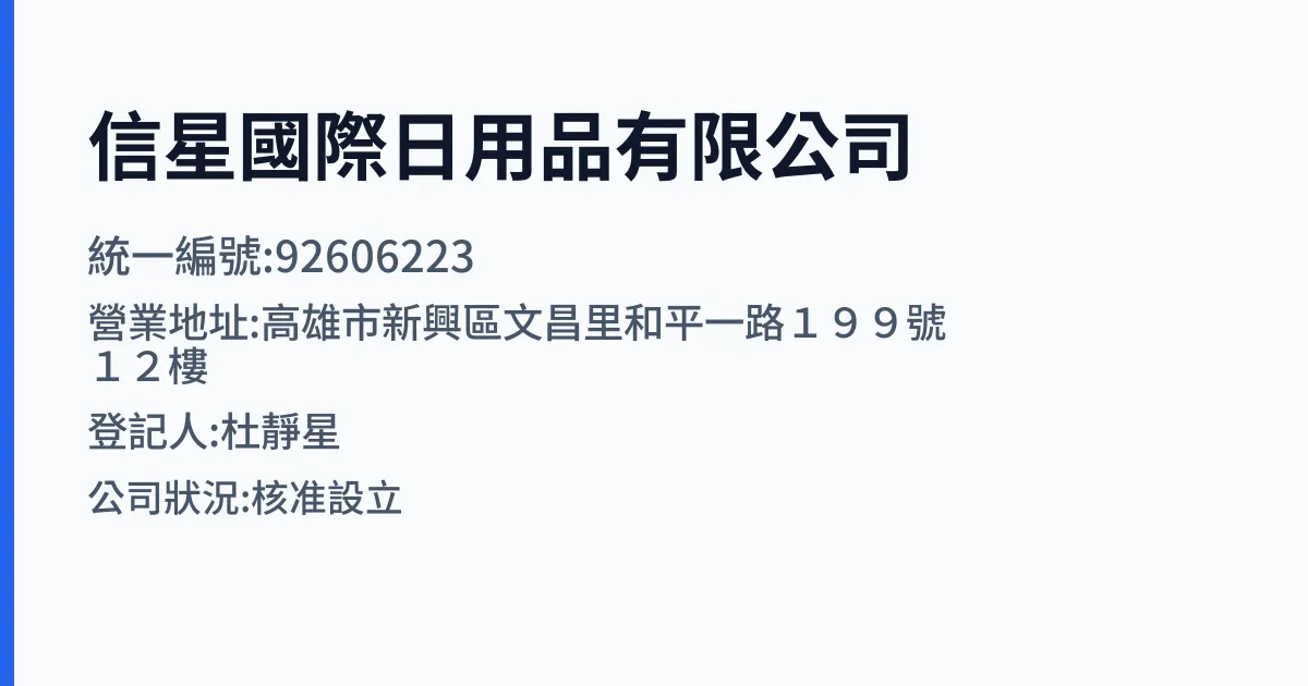 信星國際日用品有限公司 - 統編 92606223(桃園市) 公司登記資料與營業項目詳細圖表