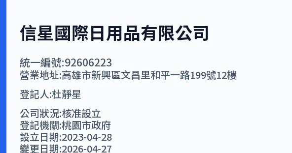 信星國際日用品有限公司的照片-統編 92606223(高雄市) 公司登記資料與營業項目詳細圖表