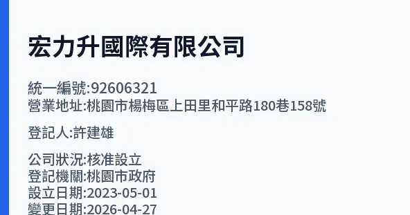 宏力升國際有限公司的照片-統編 92606321(桃園市) 公司登記資料與營業項目詳細圖表