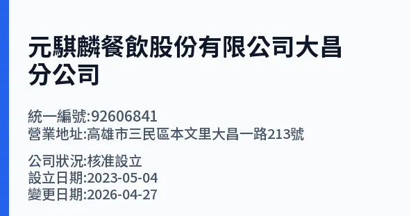 元騏麟餐飲股份有限公司大昌分公司的照片-統編 92606841(高雄市) 公司登記資料與營業項目詳細圖表
