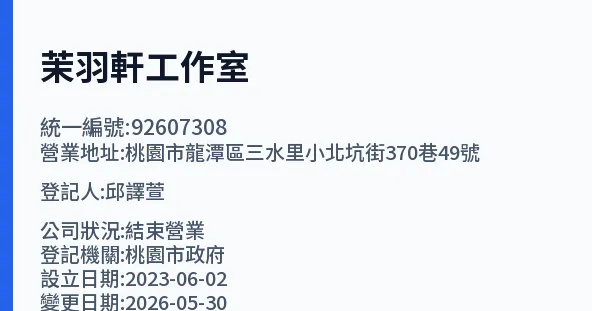 茉羽軒工作室的照片-統編 92607308(桃園市) 公司登記資料與營業項目詳細圖表