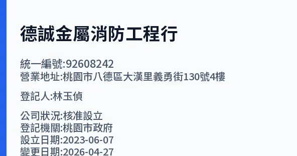德誠金屬消防工程行的照片-統編 92608242(桃園市) 公司登記資料與營業項目詳細圖表