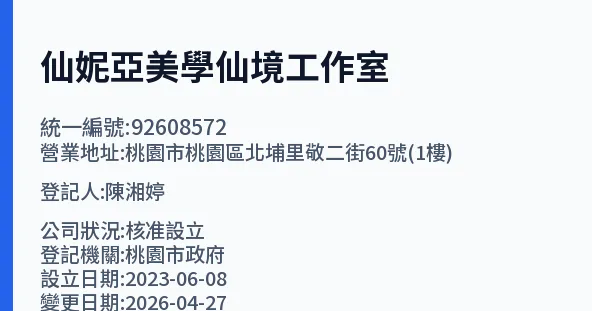 仙妮亞美學仙境工作室的照片-統編 92608572(桃園市) 公司登記資料與營業項目詳細圖表
