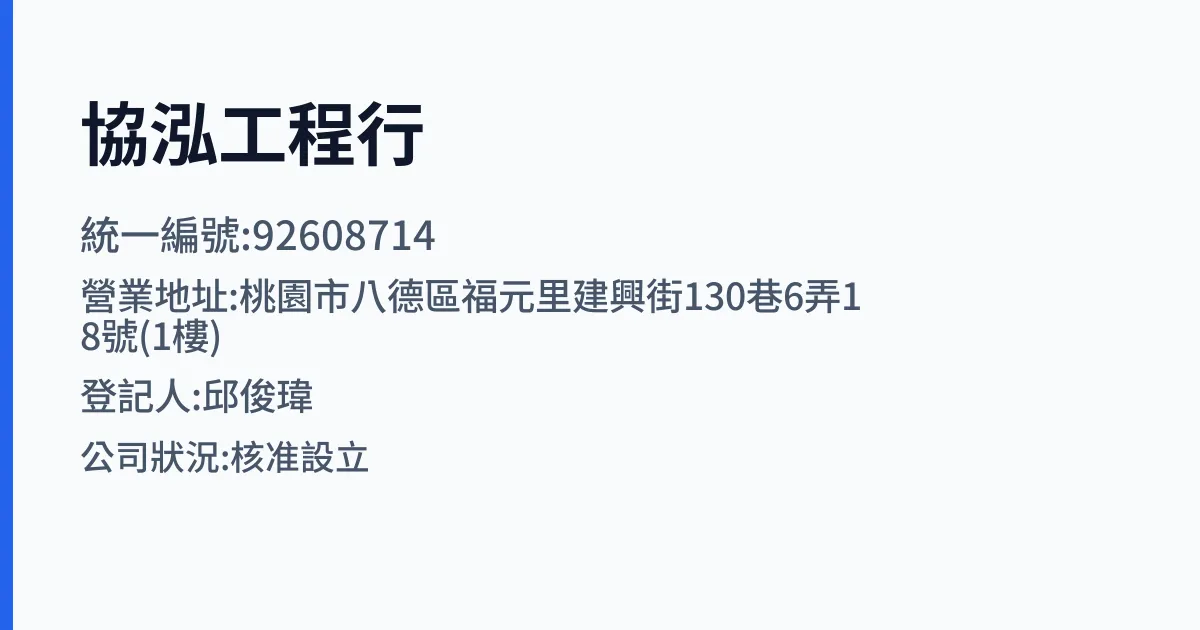 協泓工程行 - 統編 92608714(桃園市) 公司登記資料與營業項目詳細圖表