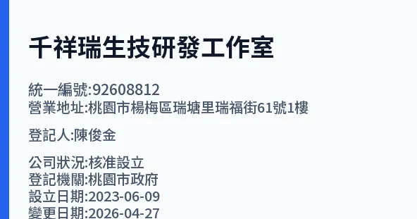 千祥瑞生技研發工作室的照片-統編 92608812(桃園市) 公司登記資料與營業項目詳細圖表