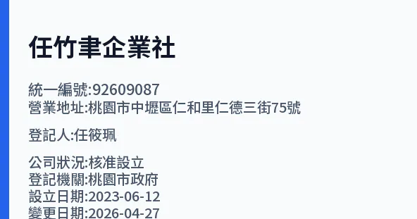 任竹聿企業社的照片-統編 92609087(桃園市) 公司登記資料與營業項目詳細圖表