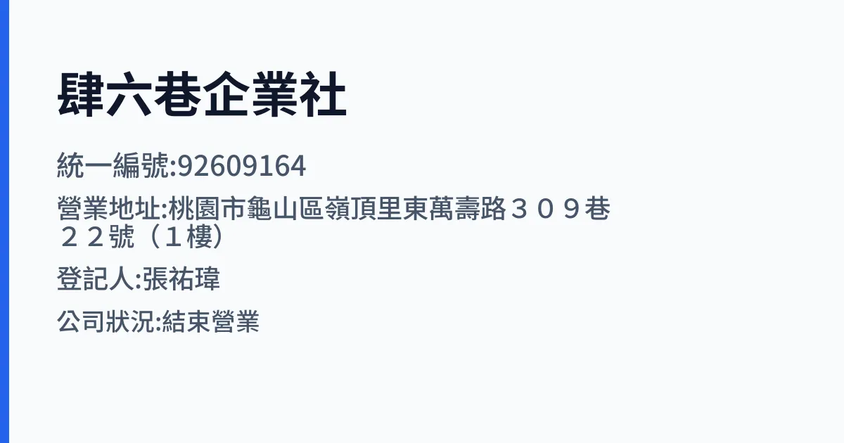 肆六巷企業社 - 統編 92609164(桃園市) 公司登記資料與營業項目詳細圖表