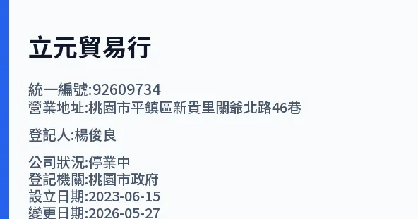 立元貿易行的照片-統編 92609734(桃園市) 公司登記資料與營業項目詳細圖表
