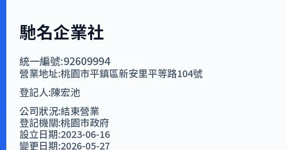 馳名企業社的照片-統編 92609994(桃園市) 公司登記資料與營業項目詳細圖表
