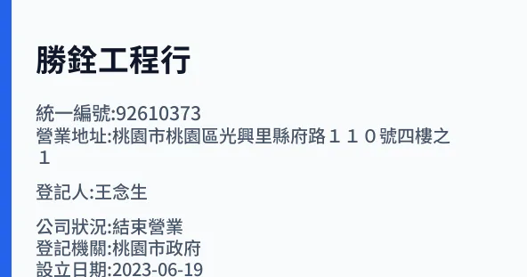 勝銓工程行的照片-統編 92610373(桃園市) 公司登記資料與營業項目詳細圖表