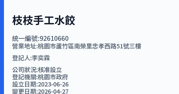 枝枝手工水餃的照片-統編 92610660(桃園市) 公司登記資料與營業項目詳細圖表