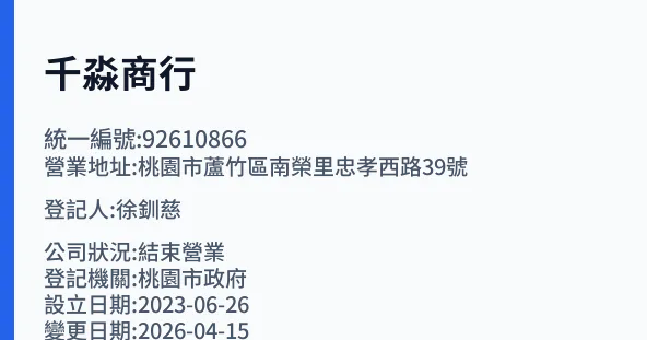 千淼商行的照片-統編 92610866(桃園市) 公司登記資料與營業項目詳細圖表