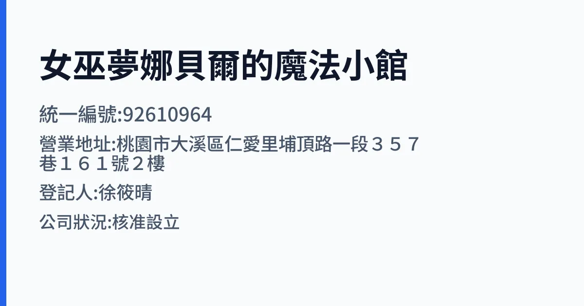 女巫夢娜貝爾的魔法小館 - 統編 92610964(桃園市) 公司登記資料與營業項目詳細圖表