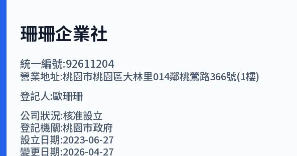 珊珊企業社的照片-統編 92611204(桃園市) 公司登記資料與營業項目詳細圖表