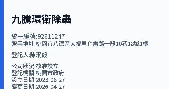 九騰環衛除蟲的照片-統編 92611247(桃園市) 公司登記資料與營業項目詳細圖表