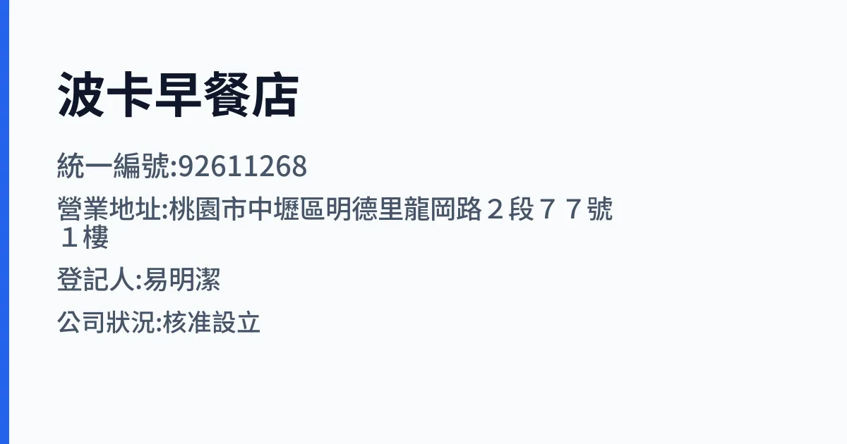 波卡早餐店 - 統編 92611268(桃園市) 公司登記資料與營業項目詳細圖表