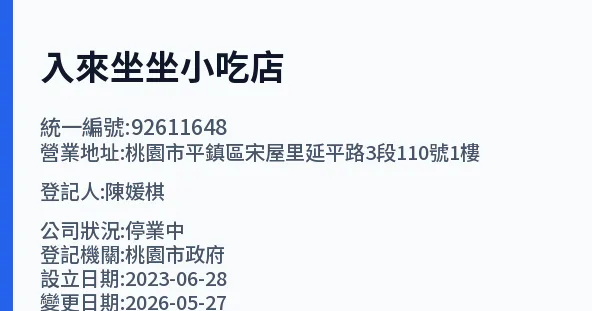 入來坐坐小吃店的照片-統編 92611648(桃園市) 公司登記資料與營業項目詳細圖表