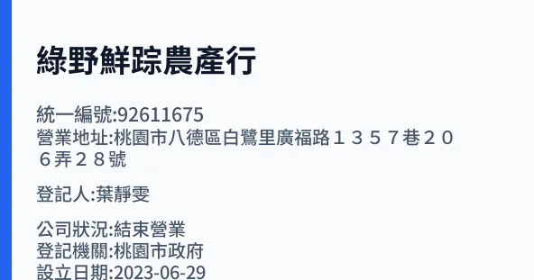 綠野鮮踪農產行的照片-統編 92611675(桃園市) 公司登記資料與營業項目詳細圖表