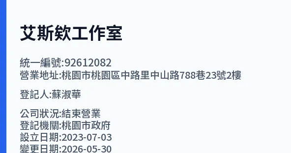 艾斯欸工作室的照片-統編 92612082(桃園市) 公司登記資料與營業項目詳細圖表