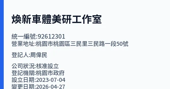 煥新車體美研工作室的照片-統編 92612301(桃園市) 公司登記資料與營業項目詳細圖表