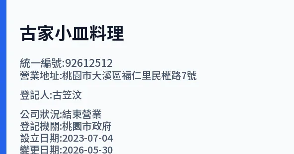 古家小皿料理的照片-統編 92612512(桃園市) 公司登記資料與營業項目詳細圖表