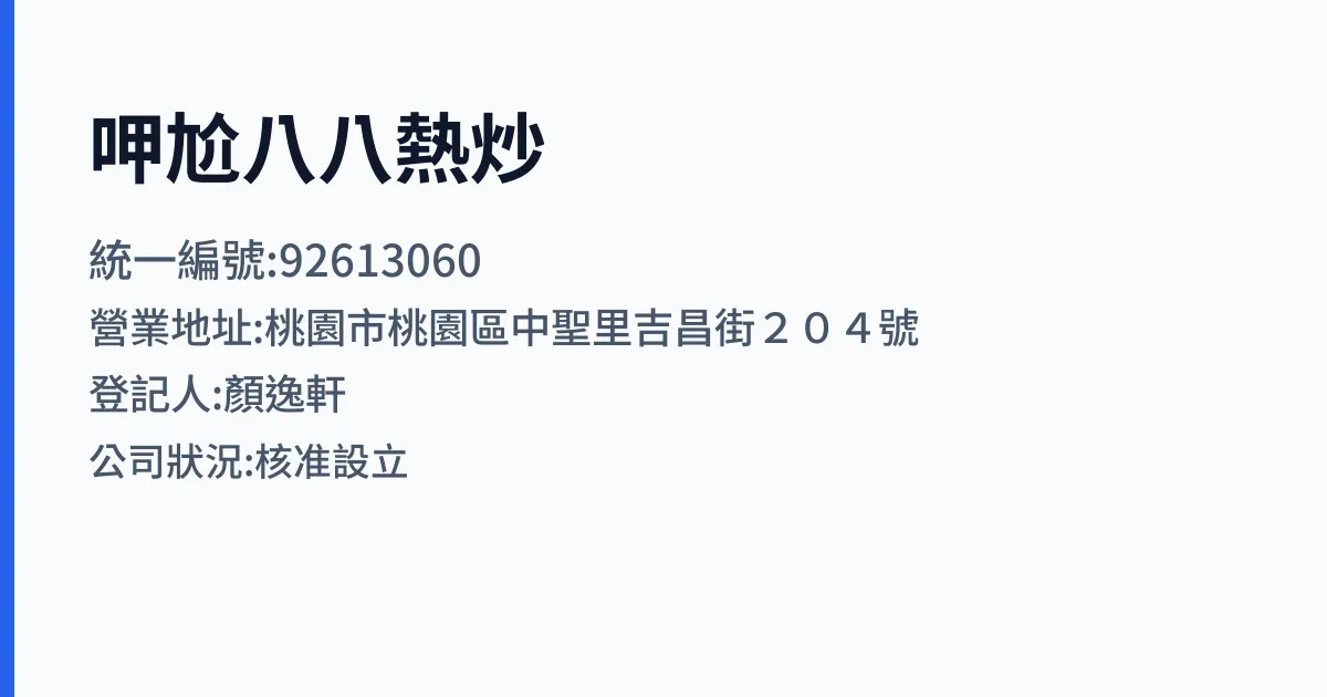 呷尬八八熱炒 - 統編 92613060(桃園市) 公司登記資料與營業項目詳細圖表