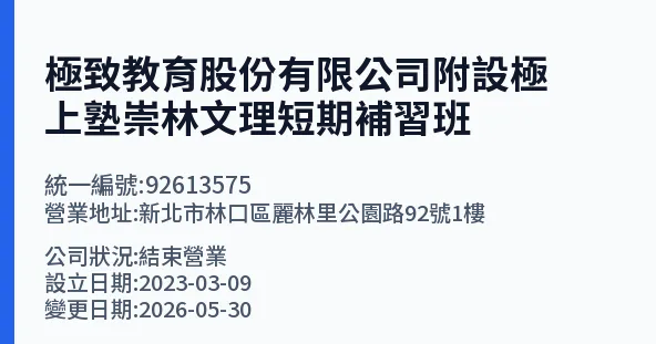 極致教育股份有限公司附設極上塾崇林文理短期補習班的照片-統編 92613575(新北市) 公司登記資料與營業項目詳細圖表