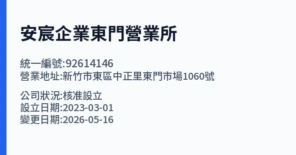 安宸企業東門營業所的照片-統編 92614146(新竹市) 公司登記資料與營業項目詳細圖表
