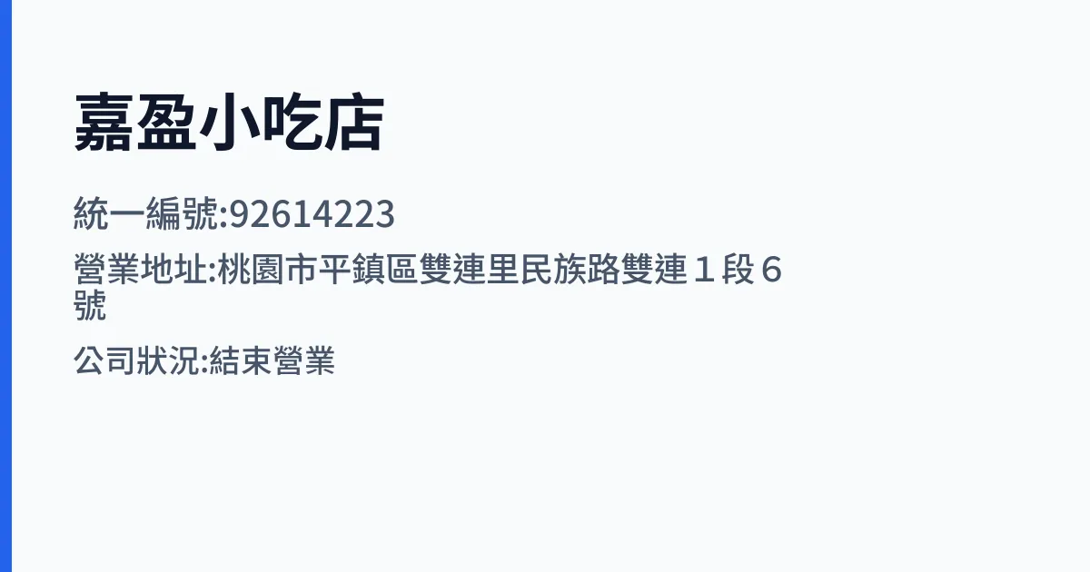 嘉盈小吃店 - 統編 92614223(桃園市) 公司登記資料與營業項目詳細圖表