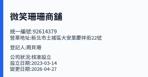 微笑珊珊商舖的照片-統編 92614379(新北市) 公司登記資料與營業項目詳細圖表