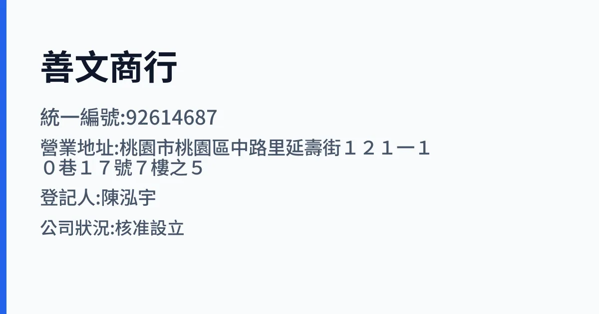 善文商行 - 統編 92614687(桃園市) 公司登記資料與營業項目詳細圖表