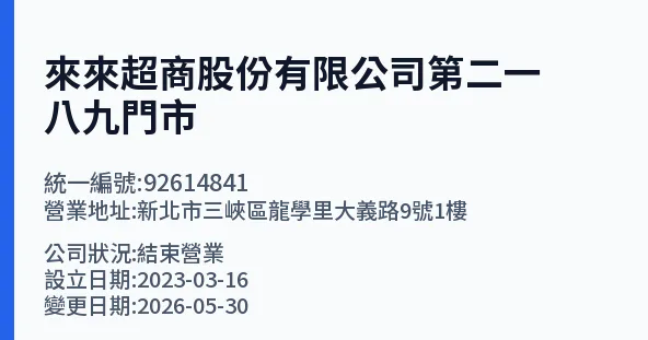 來來超商股份有限公司第二一八九門市的照片-統編 92614841(新北市) 公司登記資料與營業項目詳細圖表