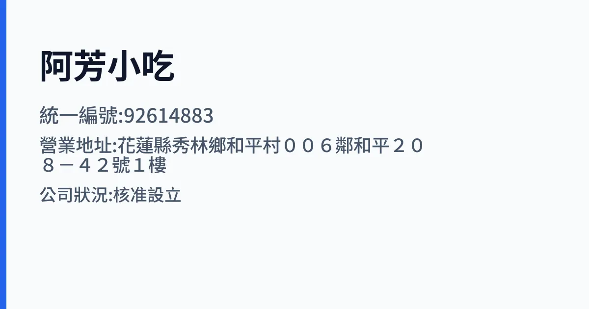 阿芳小吃 - 統編 92614883(花蓮縣) 公司登記資料與營業項目詳細圖表