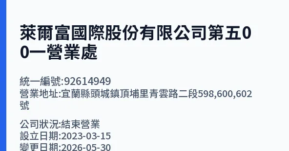 萊爾富國際股份有限公司第五00一營業處的照片-統編 92614949(宜蘭縣) 公司登記資料與營業項目詳細圖表