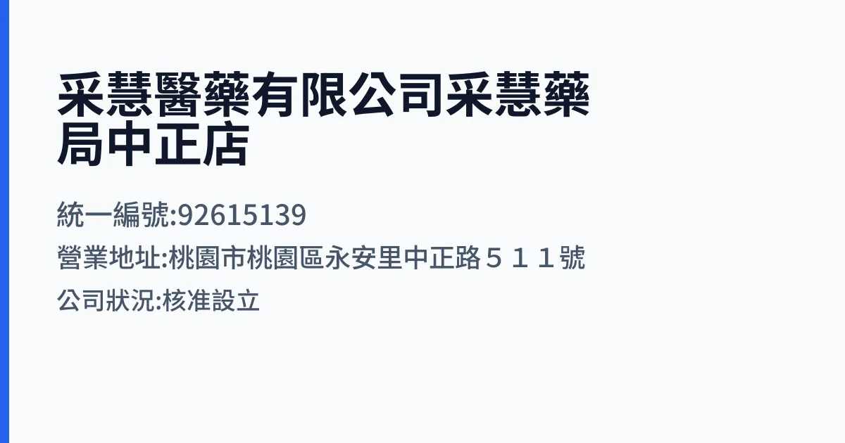 采慧醫藥有限公司采慧藥局中正店 - 統編 92615139(桃園市) 公司登記資料與營業項目詳細圖表