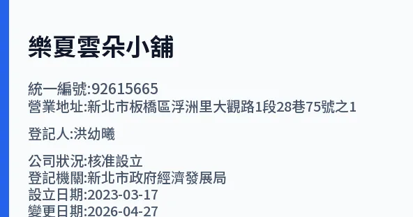 樂夏雲朵小舖的照片-統編 92615665(新北市) 公司登記資料與營業項目詳細圖表