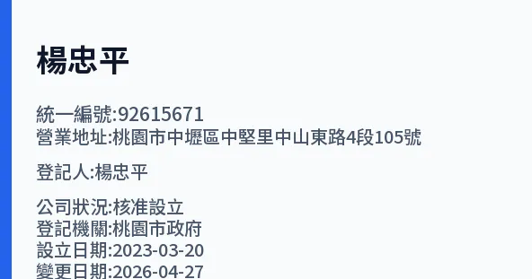 楊忠平的照片-統編 92615671(桃園市) 公司登記資料與營業項目詳細圖表