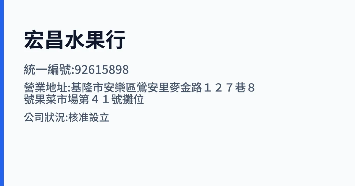 宏昌水果行 - 統編 92615898(基隆市) 公司登記資料與營業項目詳細圖表