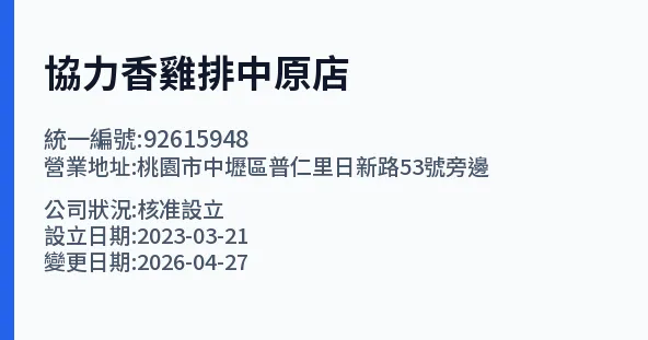 協力香雞排中原店的照片-統編 92615948(桃園市) 公司登記資料與營業項目詳細圖表