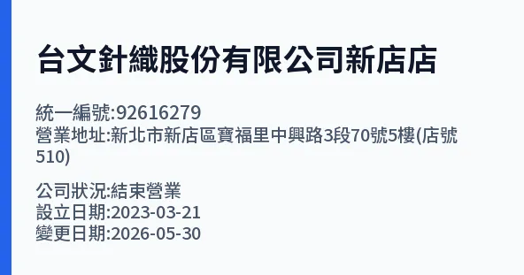 台文針織股份有限公司新店店的照片-統編 92616279(新北市) 公司登記資料與營業項目詳細圖表