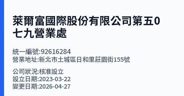 萊爾富國際股份有限公司第五0七九營業處的照片-統編 92616284(新北市) 公司登記資料與營業項目詳細圖表