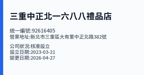 三重中正北一六八八禮品店的照片-統編 92616405(新北市) 公司登記資料與營業項目詳細圖表
