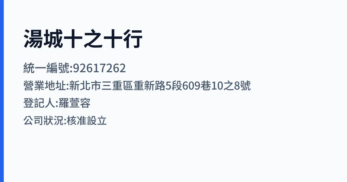 湯城十之十行 - 統編 92617262(新北市) 公司登記資料與營業項目詳細圖表