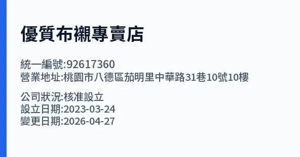 優質布襯專賣店的照片-統編 92617360(桃園市) 公司登記資料與營業項目詳細圖表