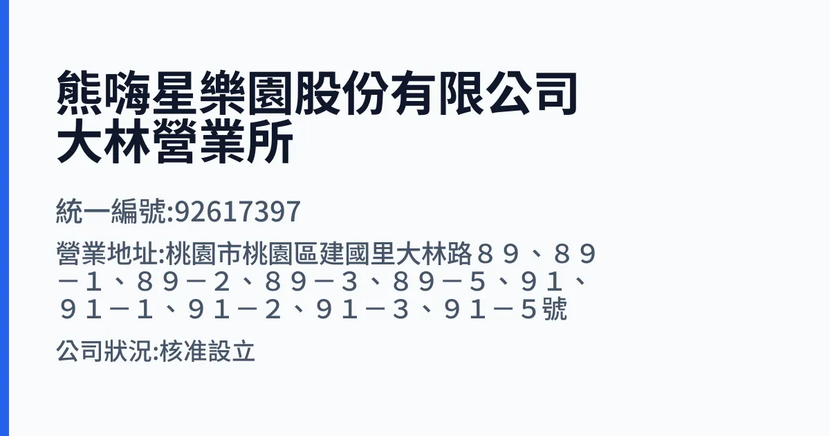 熊嗨星樂園股份有限公司大林營業所 - 統編 92617397(桃園市) 公司登記資料與營業項目詳細圖表