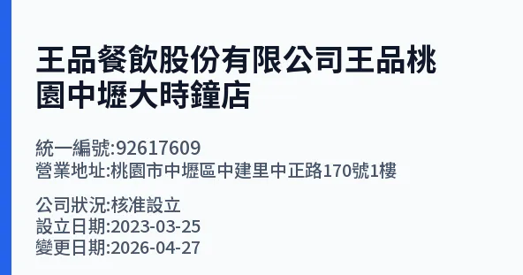 王品餐飲股份有限公司王品桃園中壢大時鐘店的照片-統編 92617609(桃園市) 公司登記資料與營業項目詳細圖表