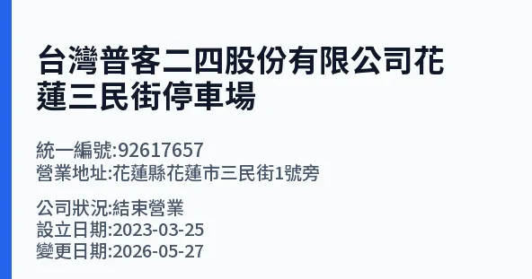 台灣普客二四股份有限公司花蓮三民街停車場的照片-統編 92617657(花蓮縣) 公司登記資料與營業項目詳細圖表