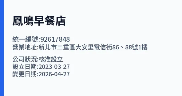 鳳鳴早餐店的照片-統編 92617848(新北市) 公司登記資料與營業項目詳細圖表